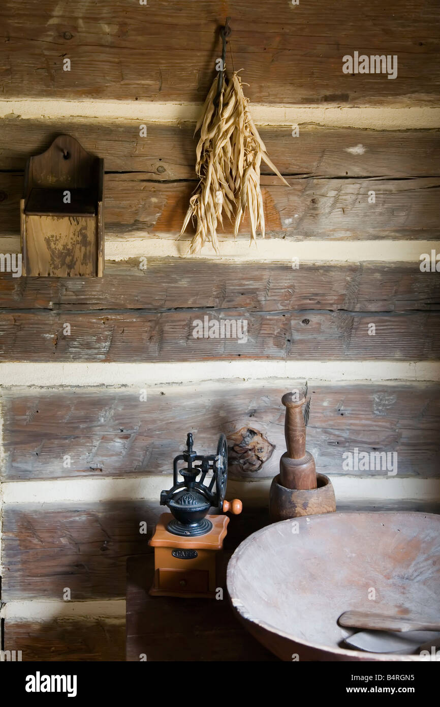 Photograph of a kitchen wall in a colonial log cabin home Stock Photo ...