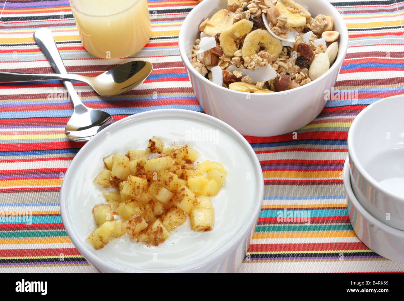 Yoghurt with Muesli breakfast cereals and pineapple with cinnamon Italy ...