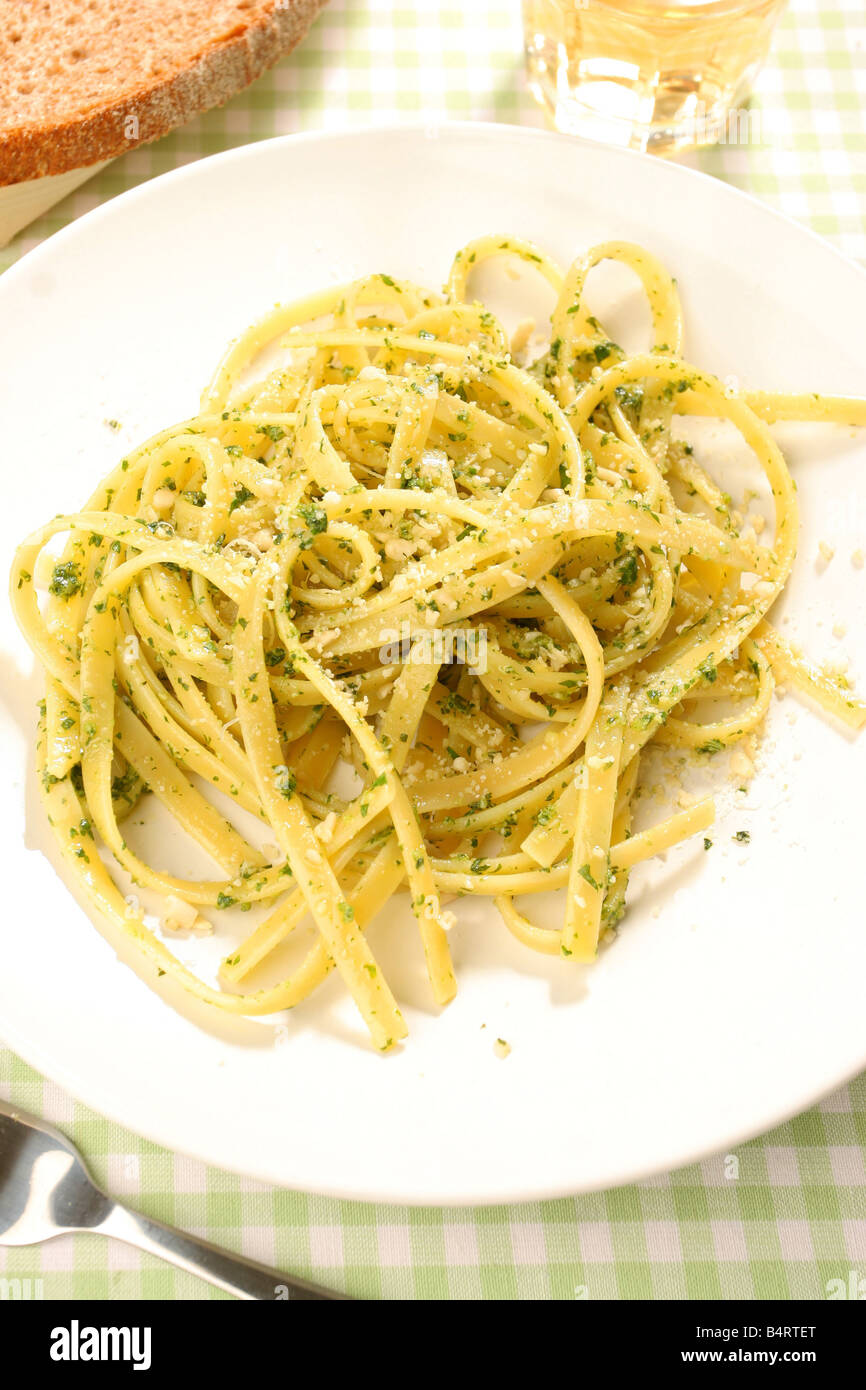Trenette pasta with pesto sauce Italy Stock Photo - Alamy