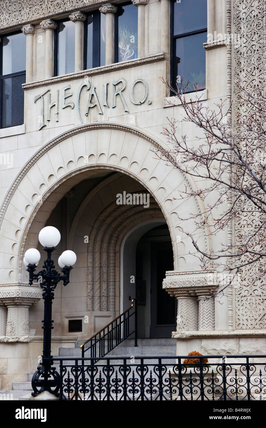 The entrance to the Moorish and Romanesque Revival style Cairo Hotel ...
