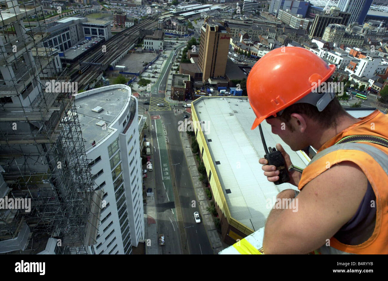 Banksman Steve Evans rides the Man Carrier 275 feet above Cardiff as ...