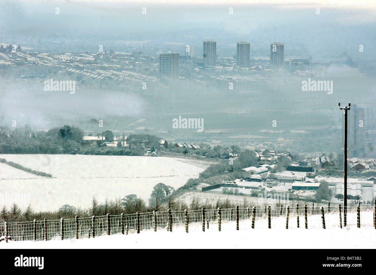 Snowy and icey weather scene looking over to Newcastle city centre from ...