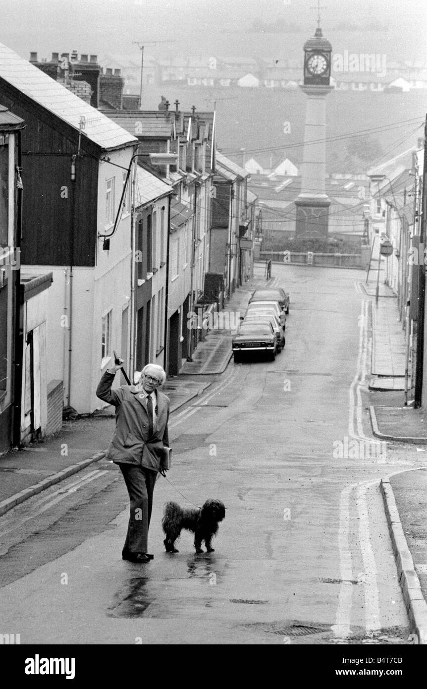 Labour Party Leader Michael Foot walks his dog Dizzie in Tredegar Gwent ...