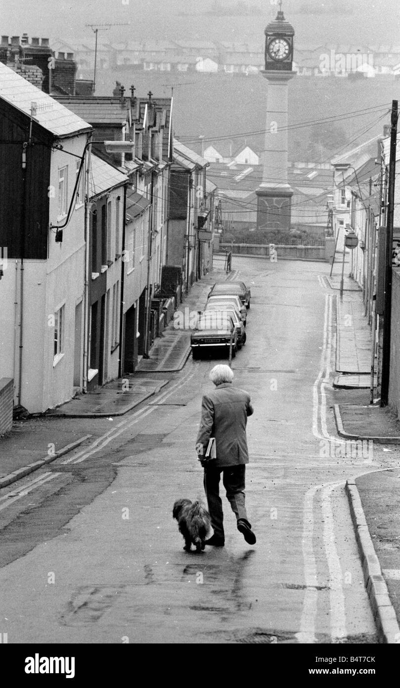 Labour Party Leader Michael Foot walks his dog Dizzie in Tredegar Gwent ...