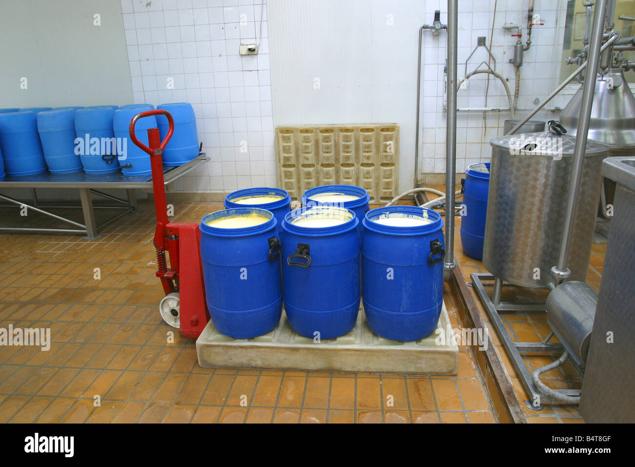 pallet truck with raw processed cheese in dairy with production system ...