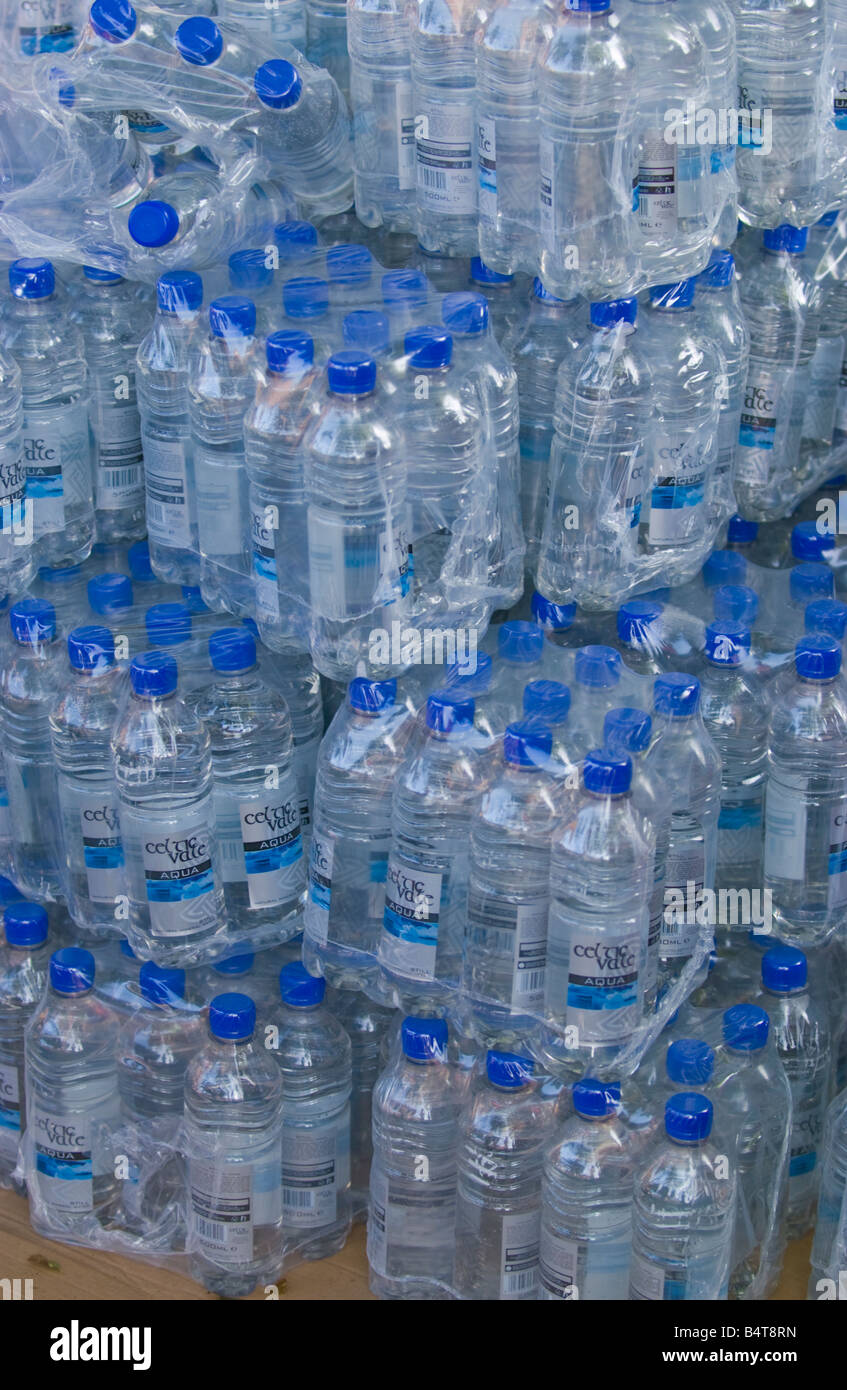 Stacks of bottled water at Abergavenny Food Festival Stock Photo - Alamy