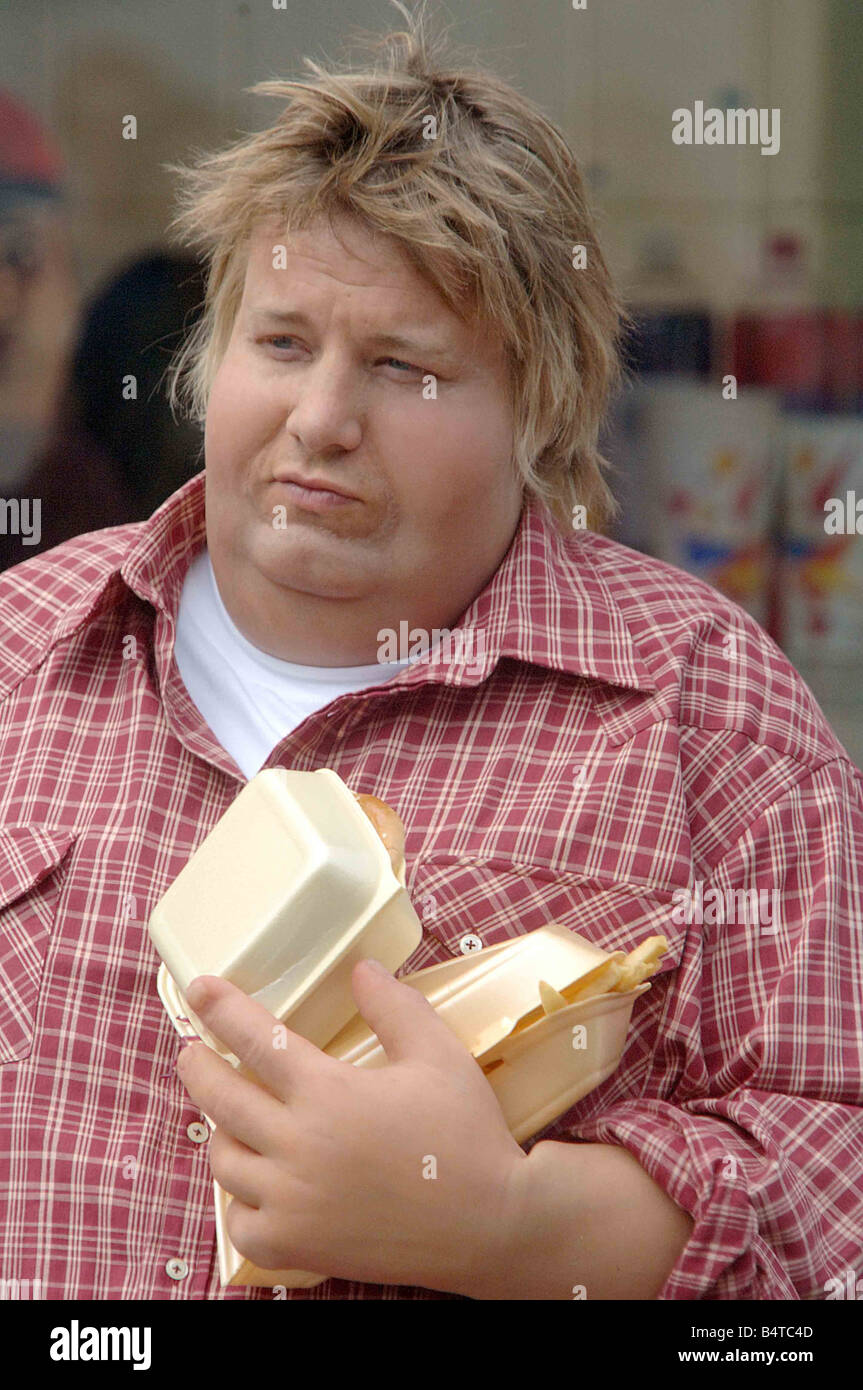 Jamie Oliver TV chef wearing a fat suit records a preview to the new ...