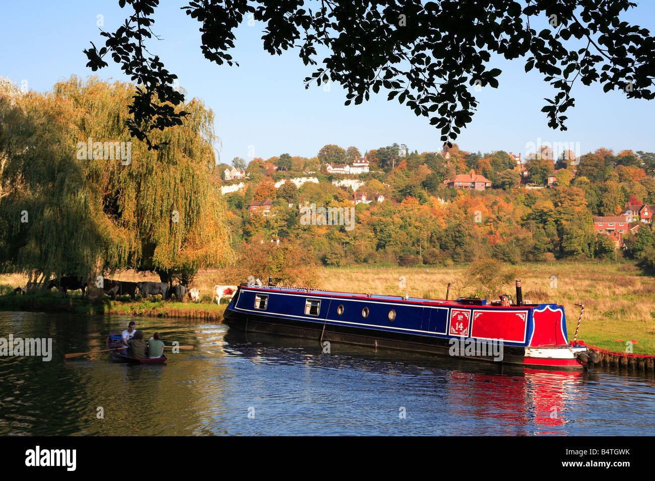 Rowing and canal boat on the river Wey Guildford Surrey England Stock ...