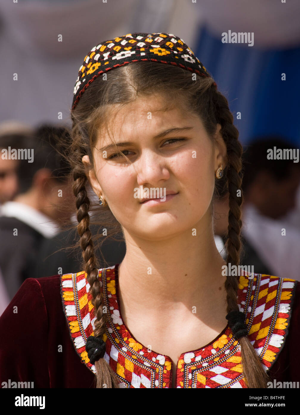 Turkmen girl welcoming delegates of international conference at visit ...