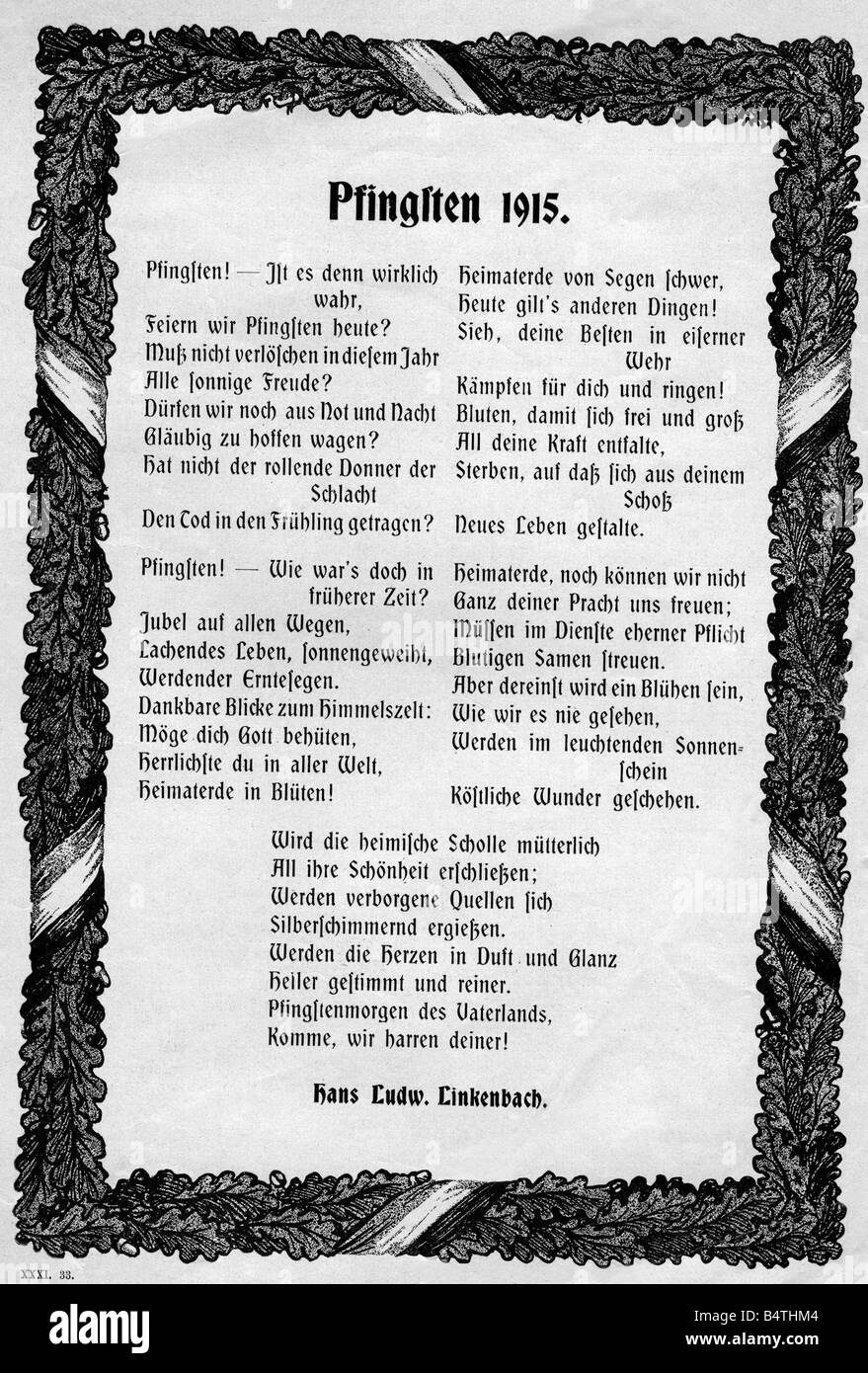 literature, poems, "Pfingsten 1915" (Pentecost 1915), by Hans Ludwig ...