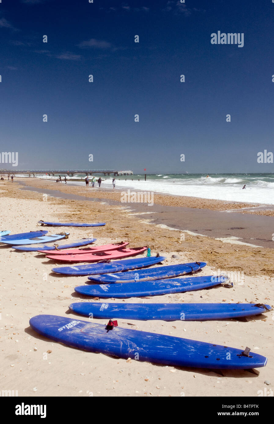 Surf boards laid out on Boscombe beach Bournemouth Dorset UK Stock ...
