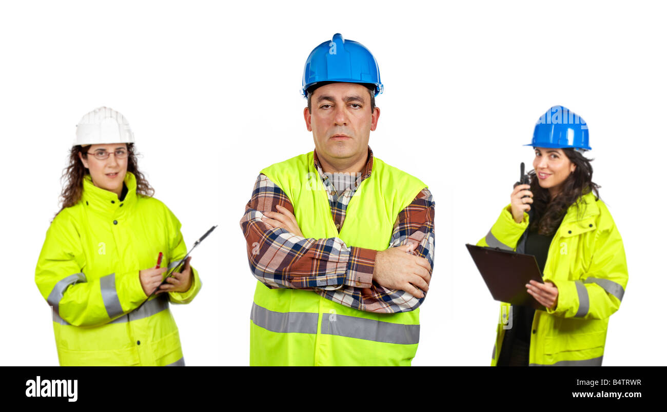 Three construction workers over a white background Focus at front Stock ...