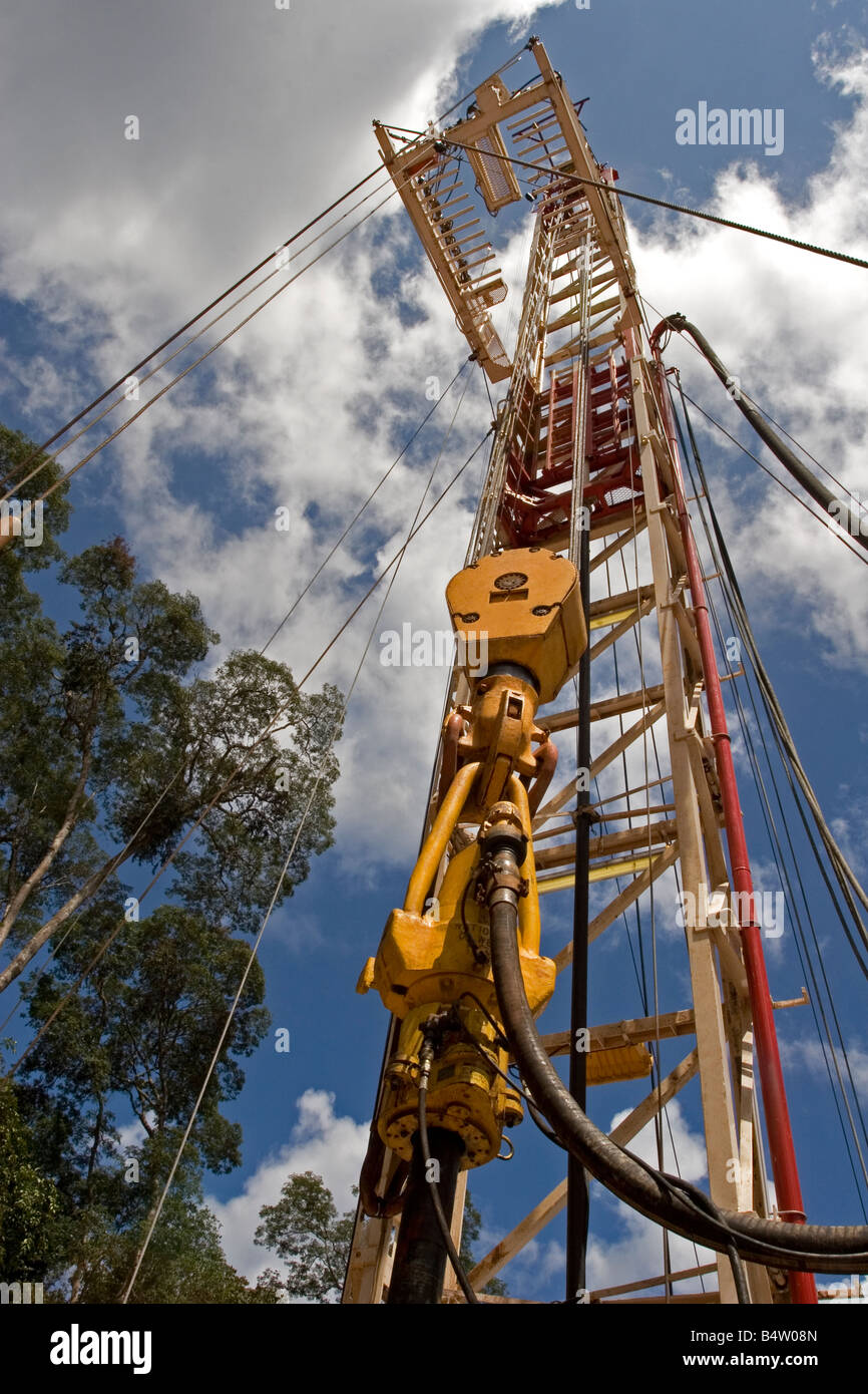 Looking up oil drill rig derrick, remote rainforest site, Gabon Stock ...