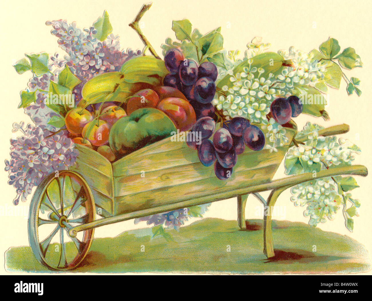 Chromolithographed die cut scrap of wheelbarrow filled with fruits and ...