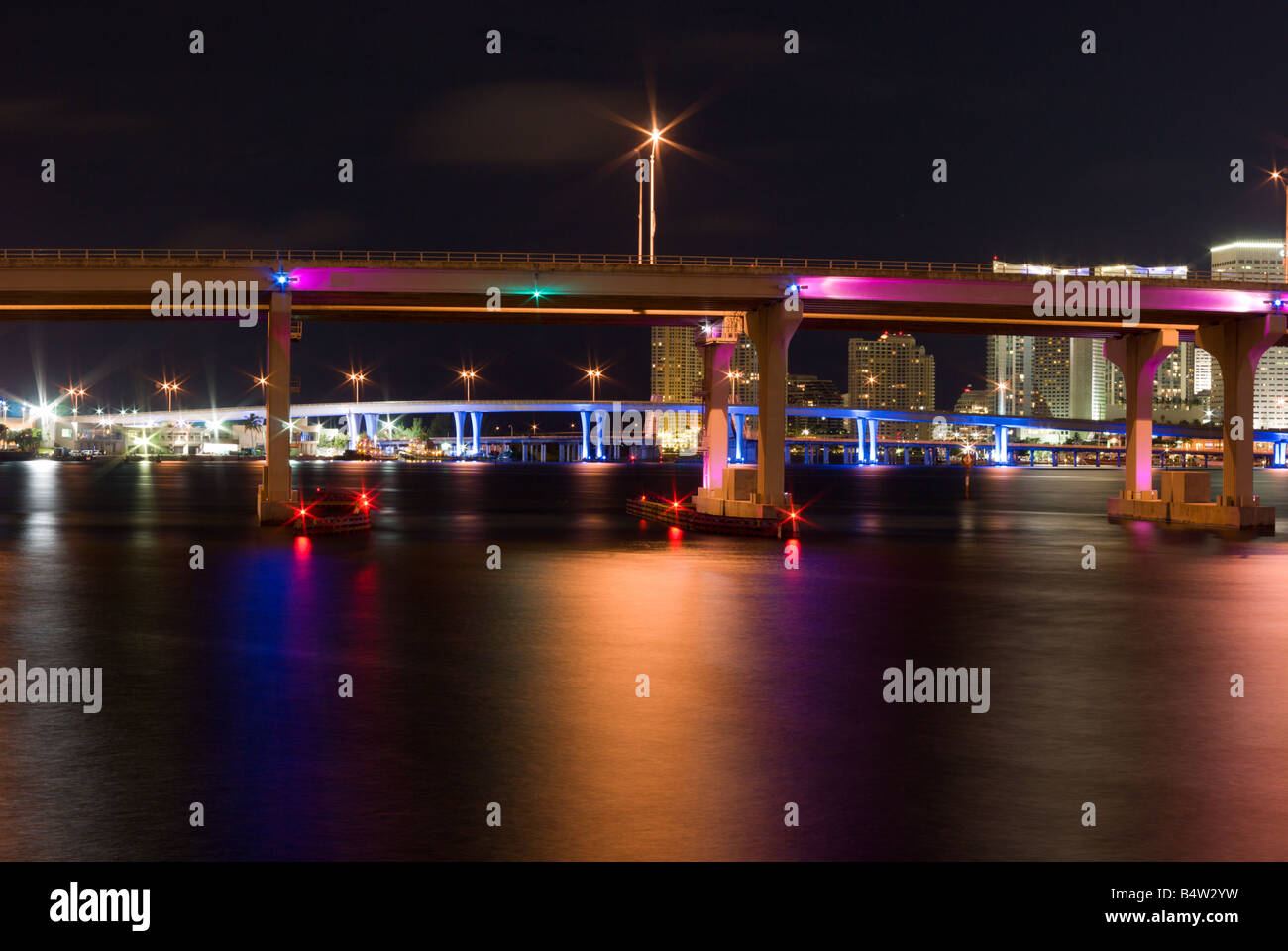 Miami harbor bridges and downtown Miami skyline at night Stock Photo ...