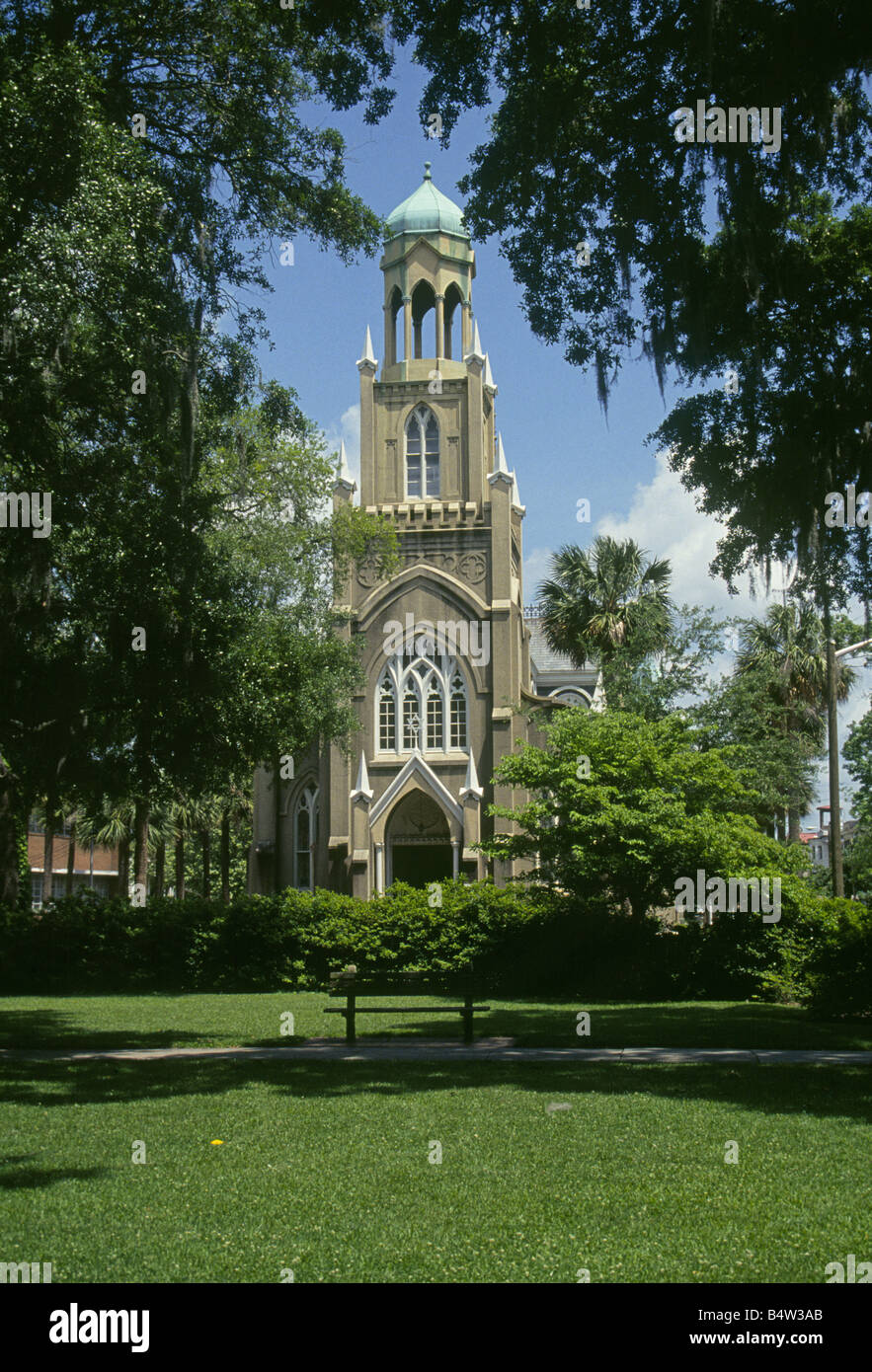 A steeple of one of the many churches in the historic district of ...