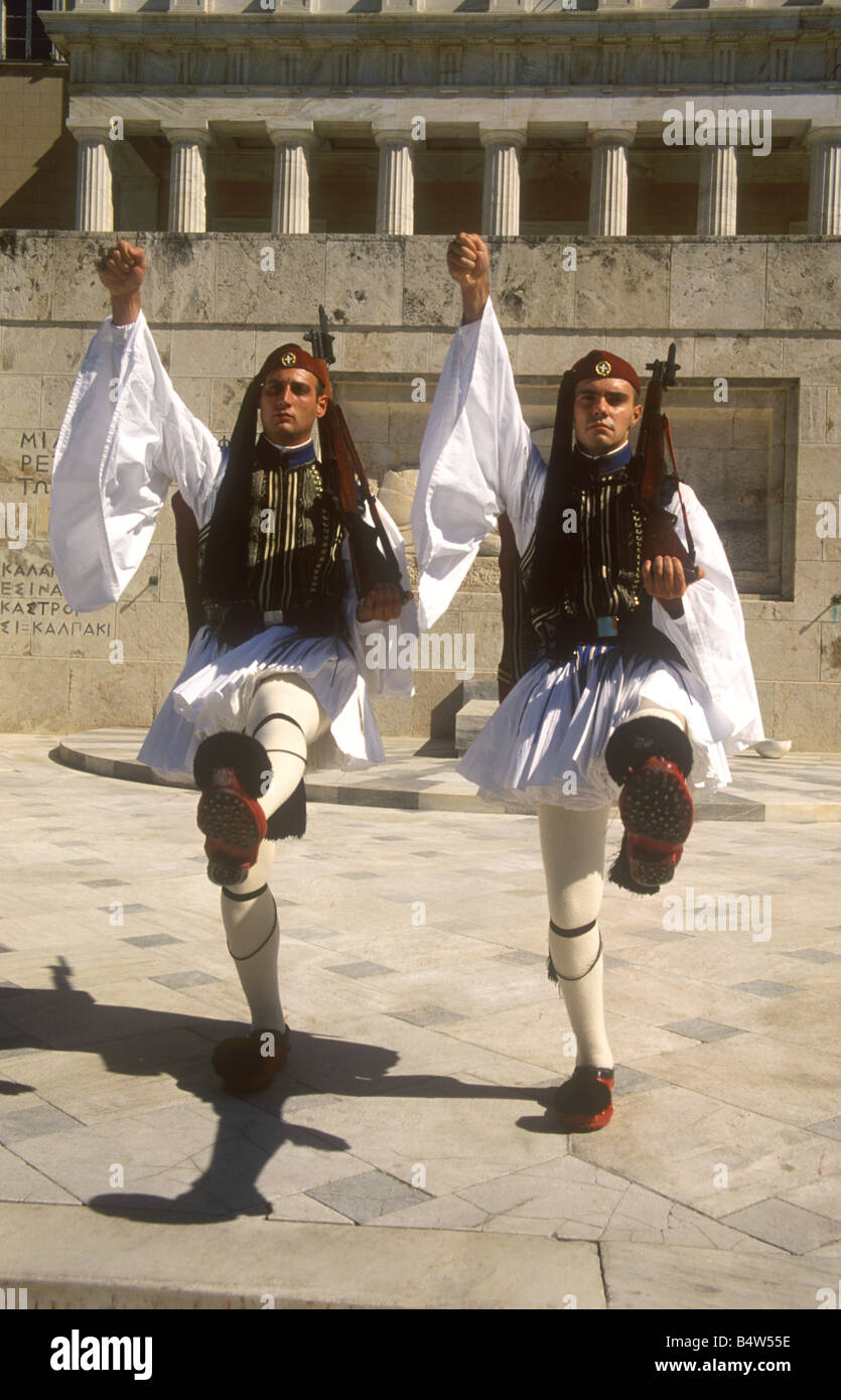 Evzone guards at the Tomb of the Unknown Soldier in front of the Greek ...