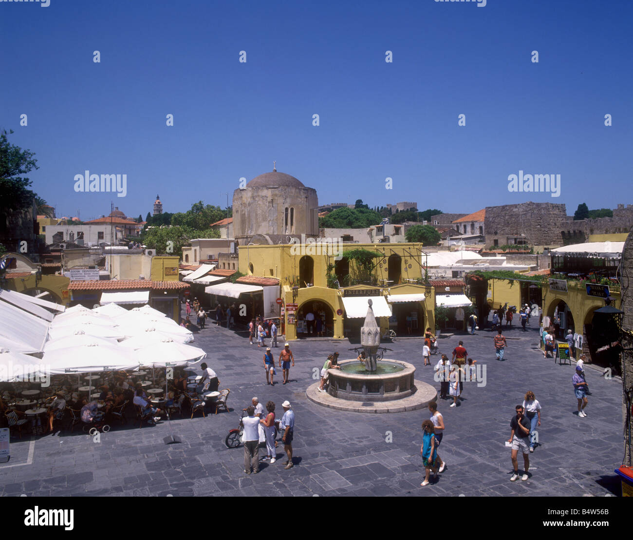 Rhodes - View of the picturesque square in Old Rhodes Town Stock Photo ...
