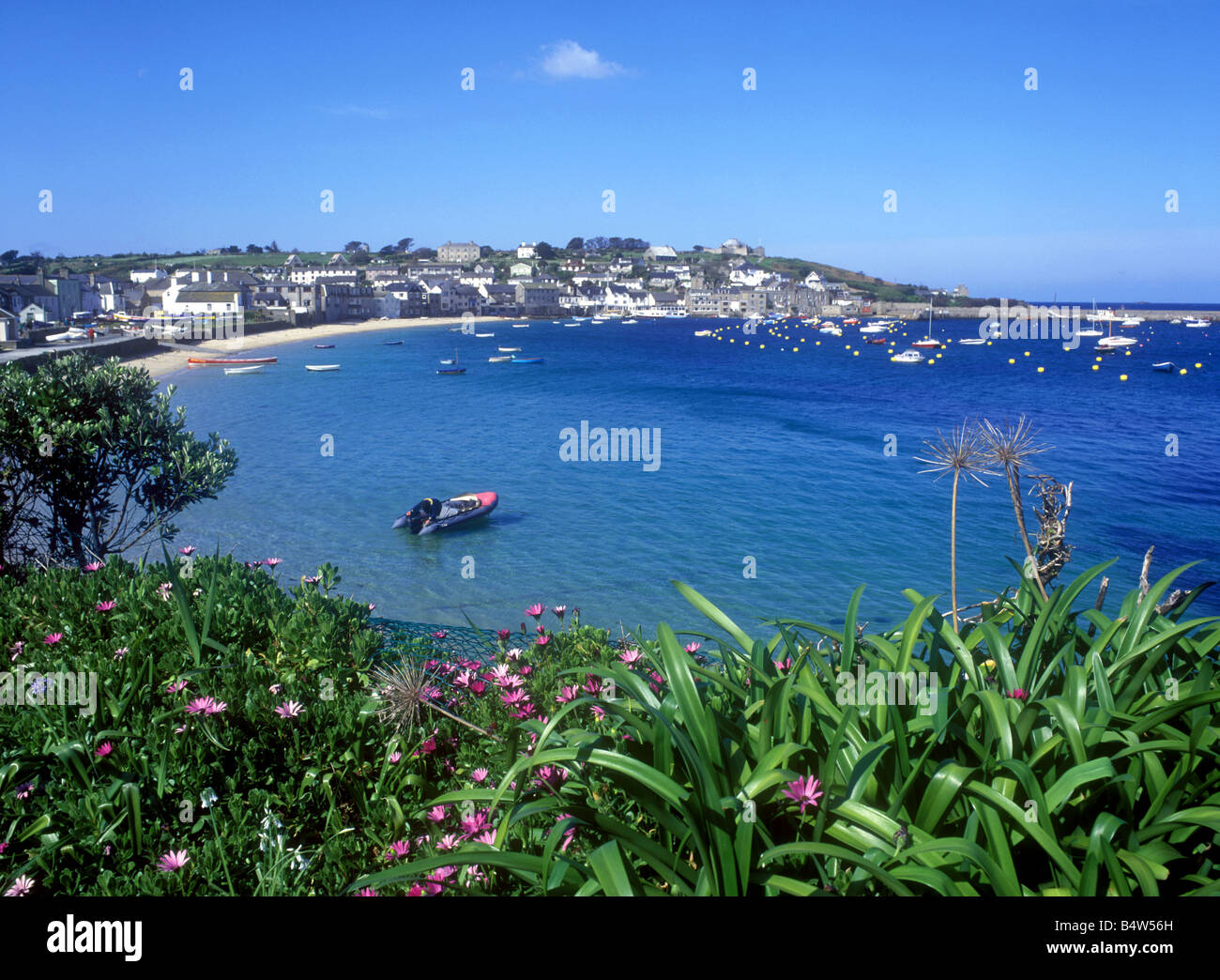 Picturesque view over the harbour at Hugh Town on the island of St Mary ...
