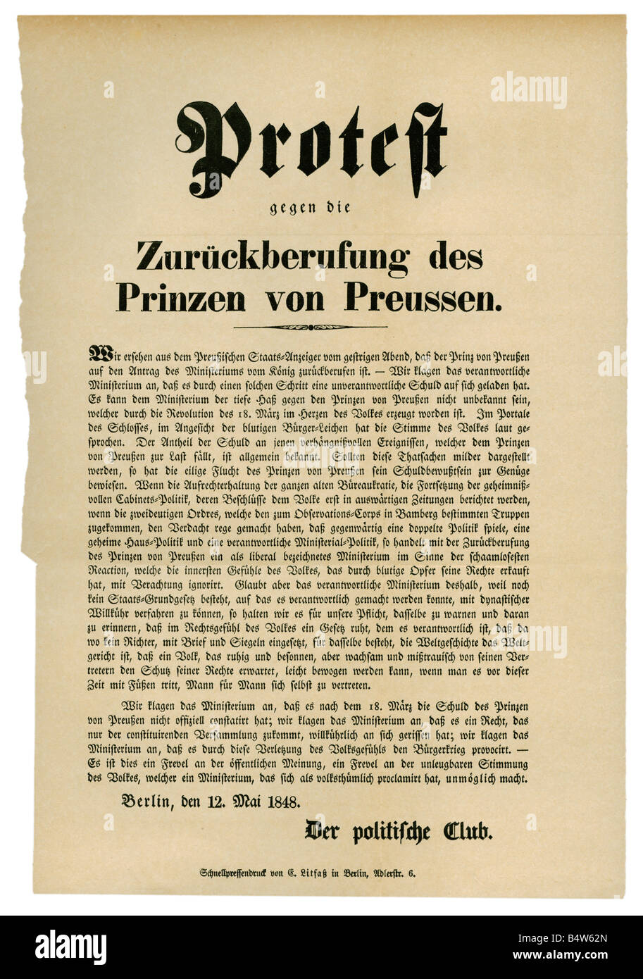 events, revolutions 1848 - 1849, Germany, Prussia, poster, "Protest ...