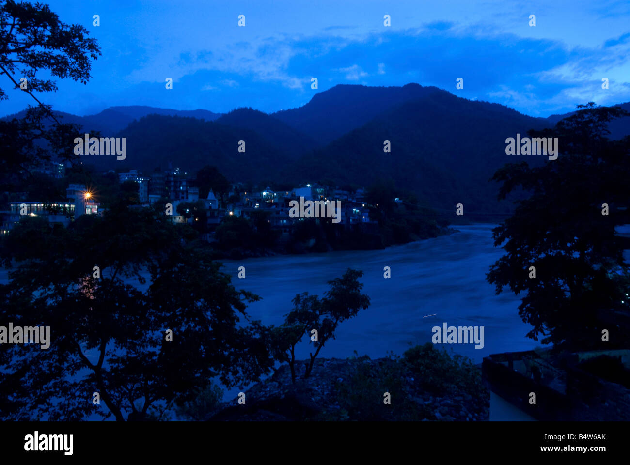 India Uttarakhand Rishikesh at night Ganges river in the foreground ...