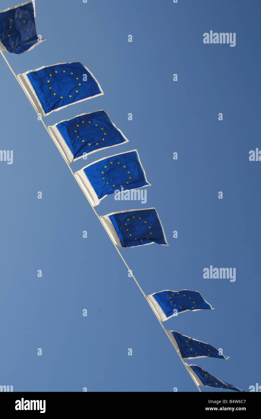 many european union flags flying in wind in sun Stock Photo - Alamy