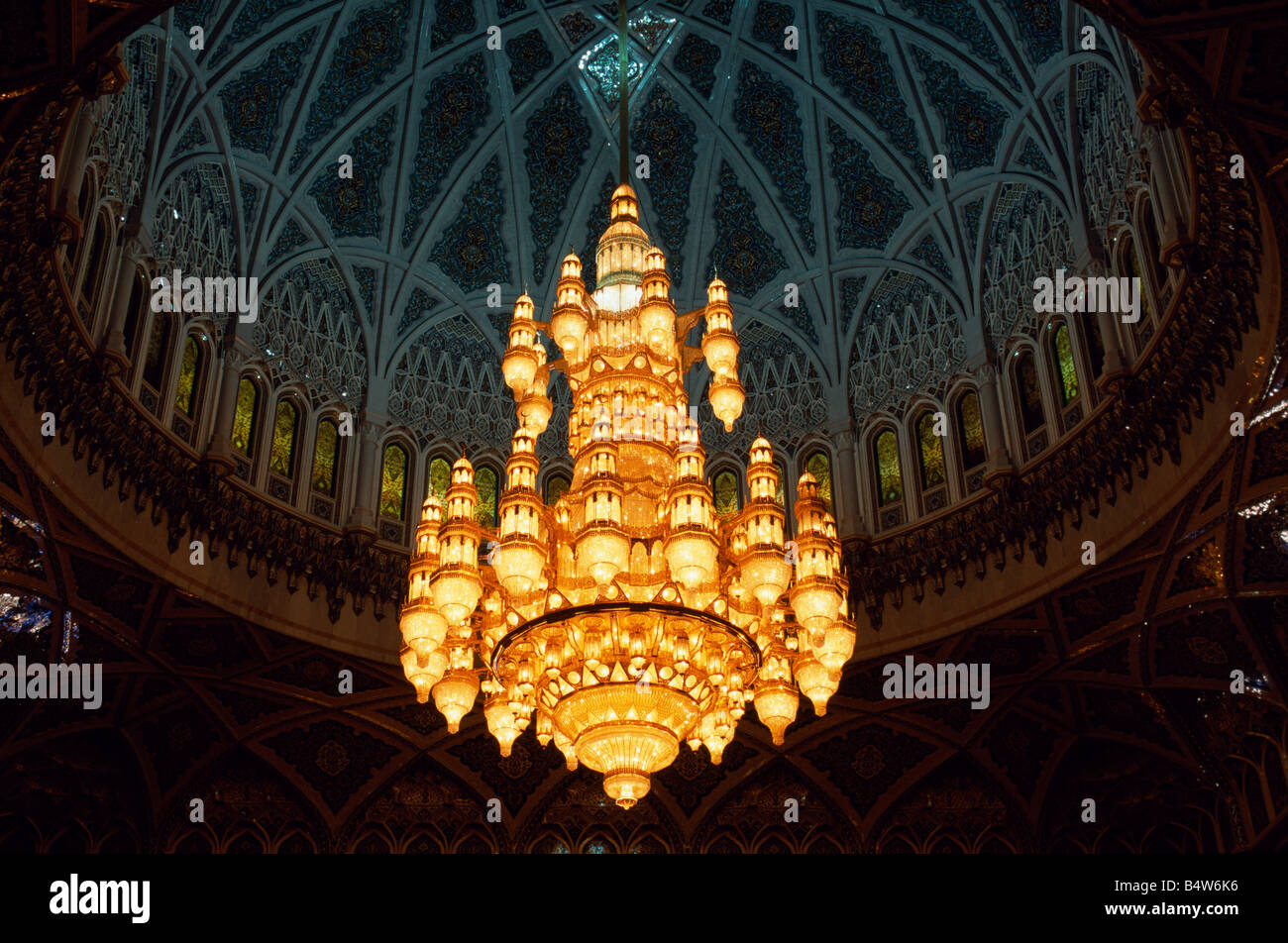 Oman, Muscat. The chandelier in the dome of the Main Hall of The Grand ...