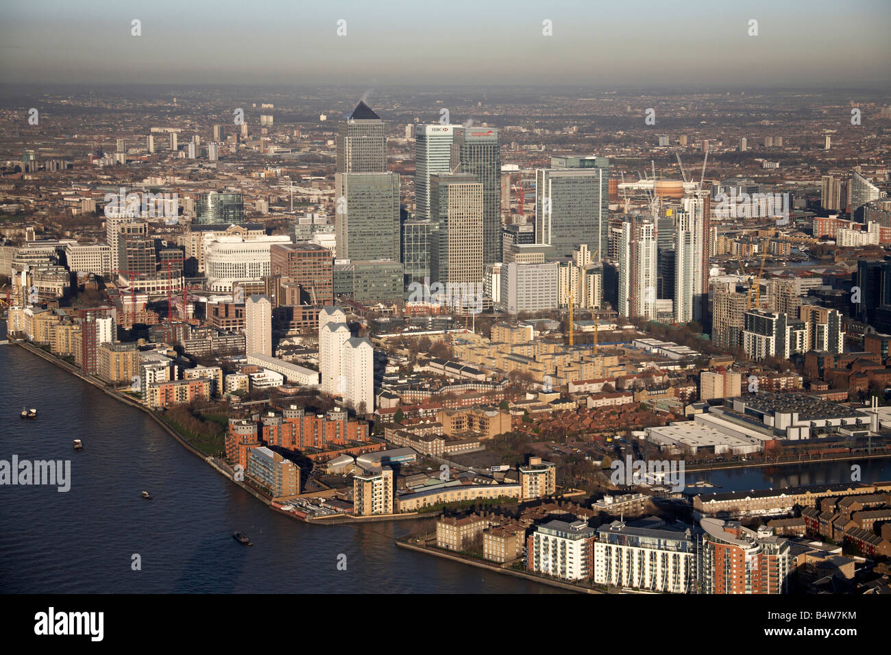 Aerial view north east of Canary Wharf tower blocks Millwall Outer Dock ...