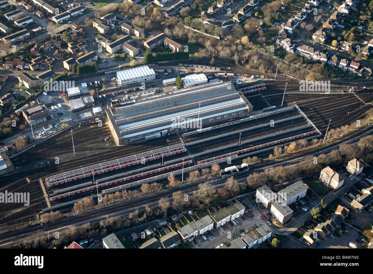 Aerial view north west of London Underground Hainault Rail Depot ...