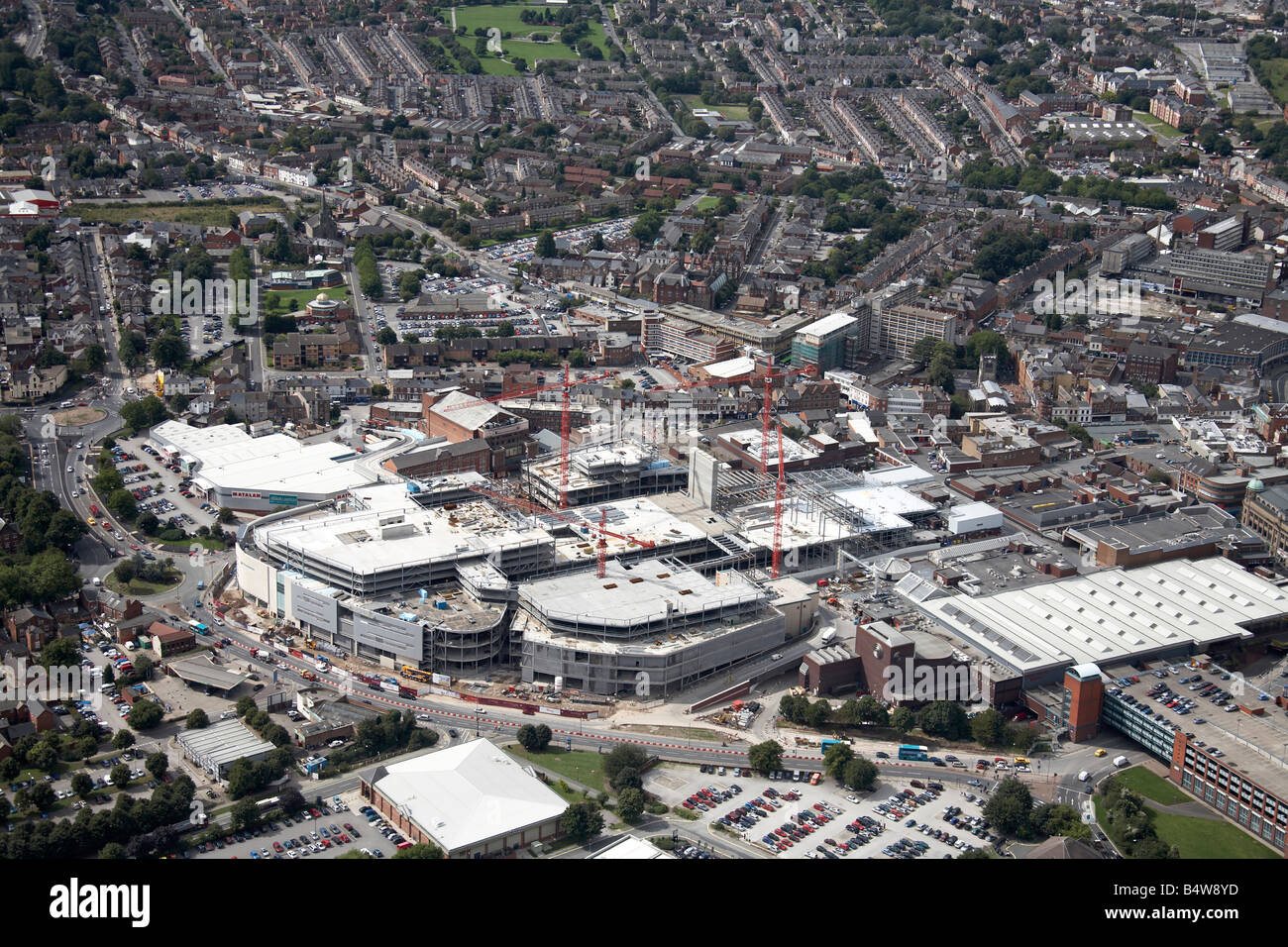 Aerial view west of Derby City Centre construction work Traffic Street ...
