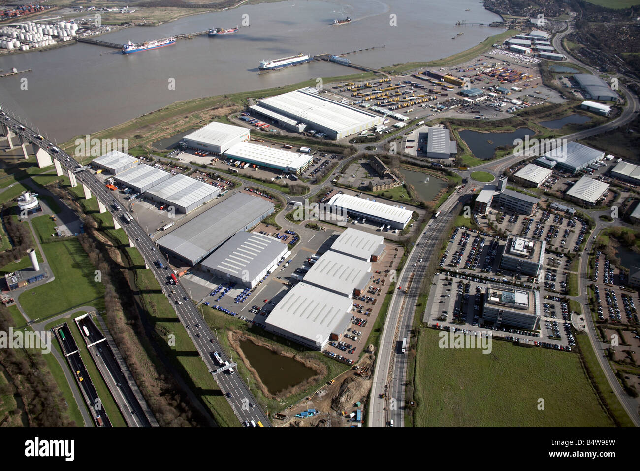 Aerial view north east of Stone Marshes warehouses Thames Europort ...