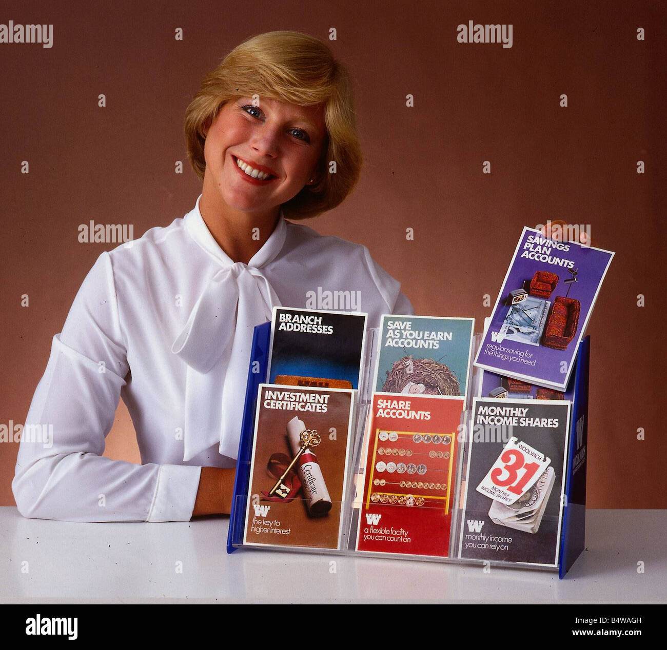 Sue Bryan actress promoting the Woolwich August 1982 Stock Photo - Alamy