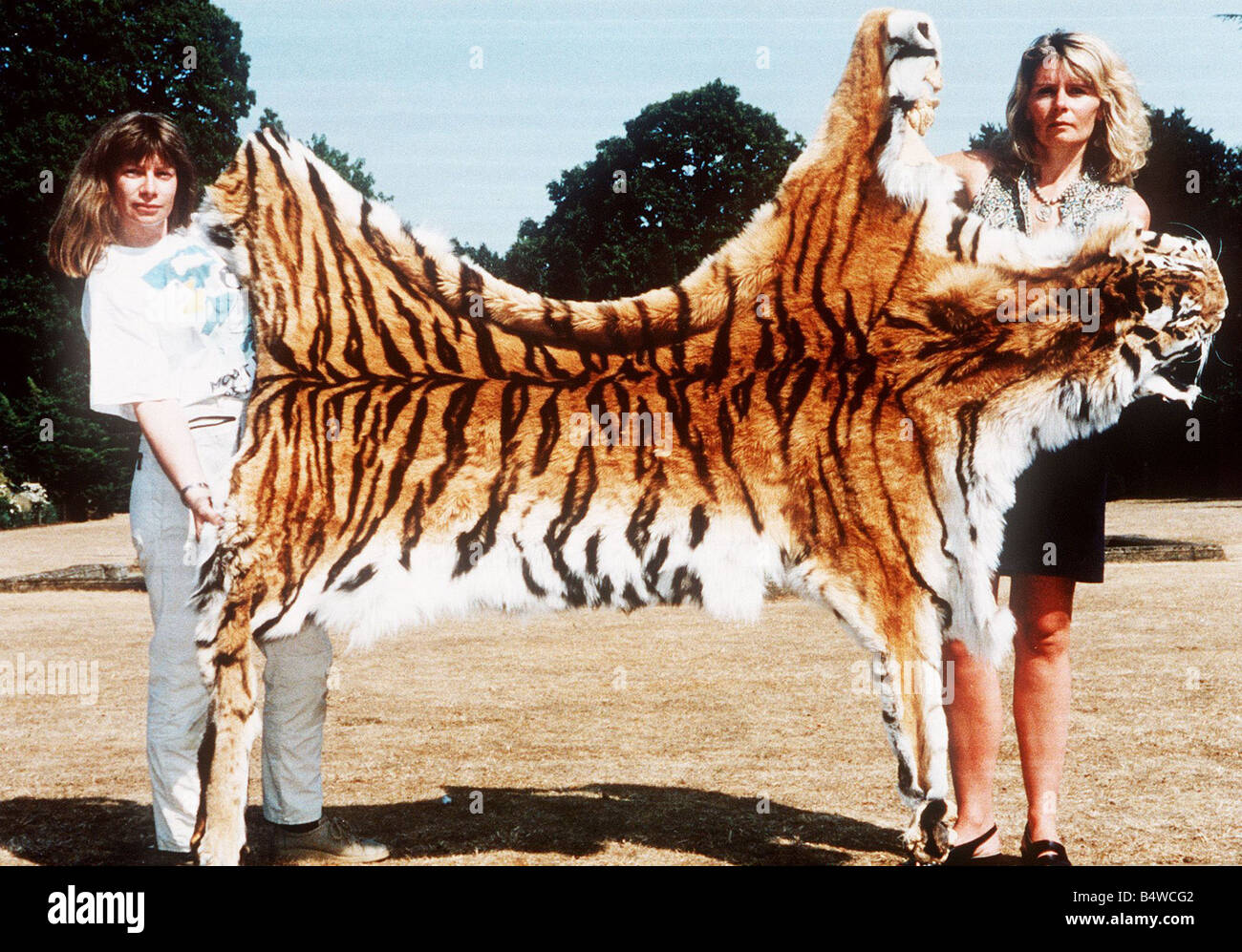 2 women holding up tiger skin 1998 After Police and Customs officers ...