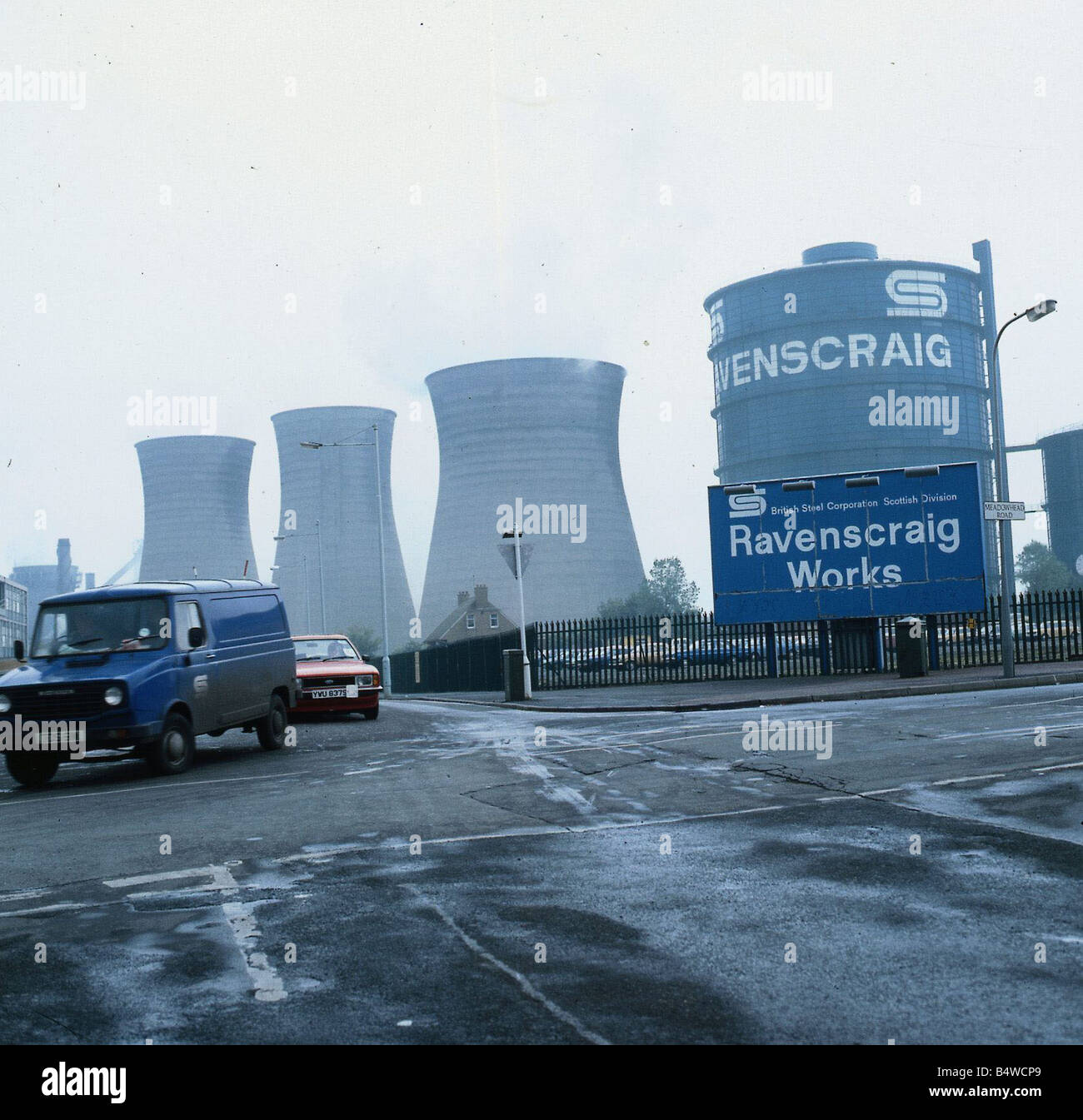Ravenscraig steel works February 1990 Van and car leaving gates Stock ...