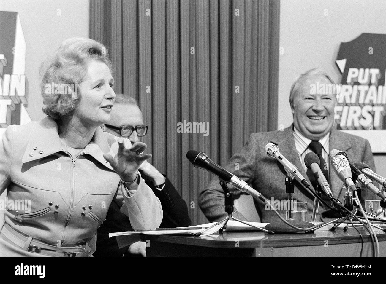 Margaret Thatcher speaking at an election press conference with Edward ...