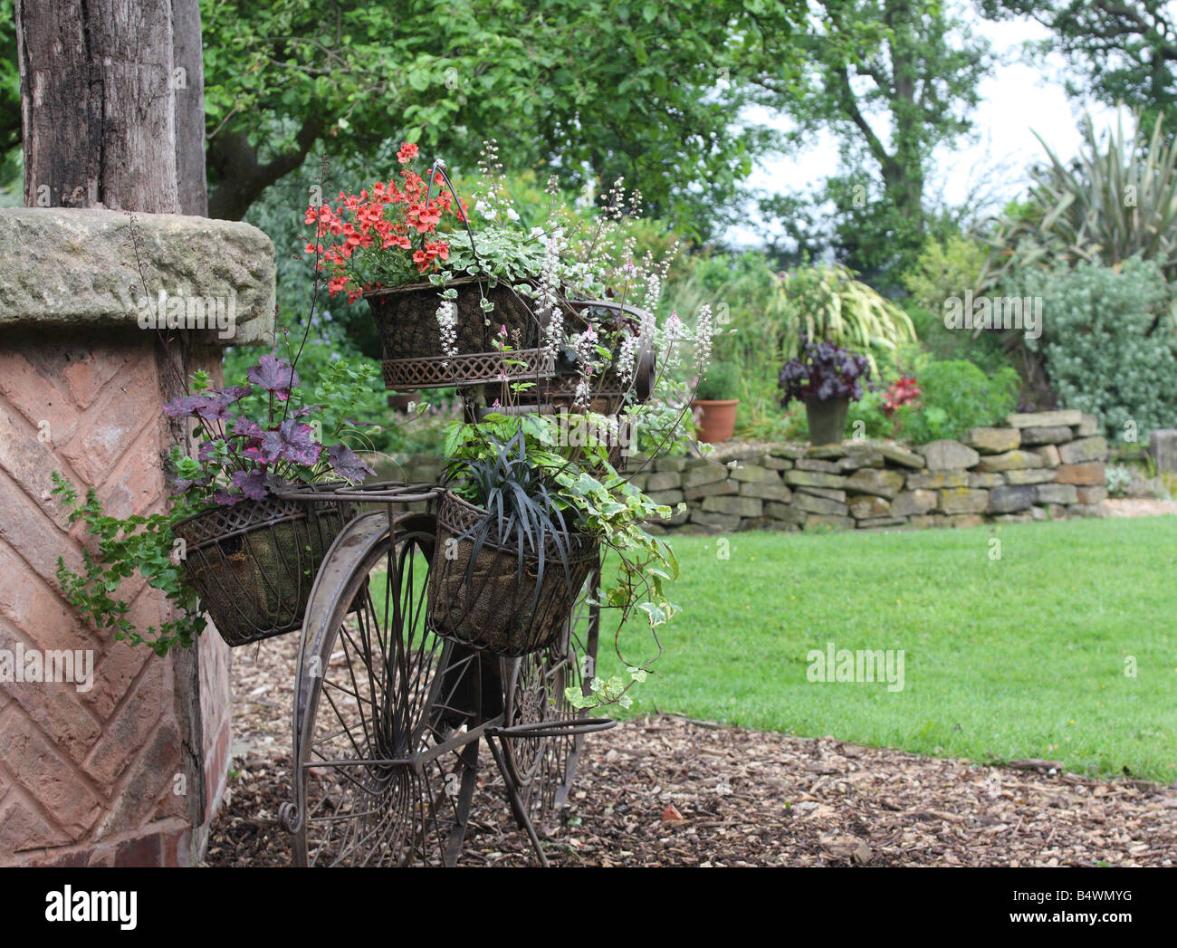 Garden feature with metal bike structure used as a planter Stock Photo ...