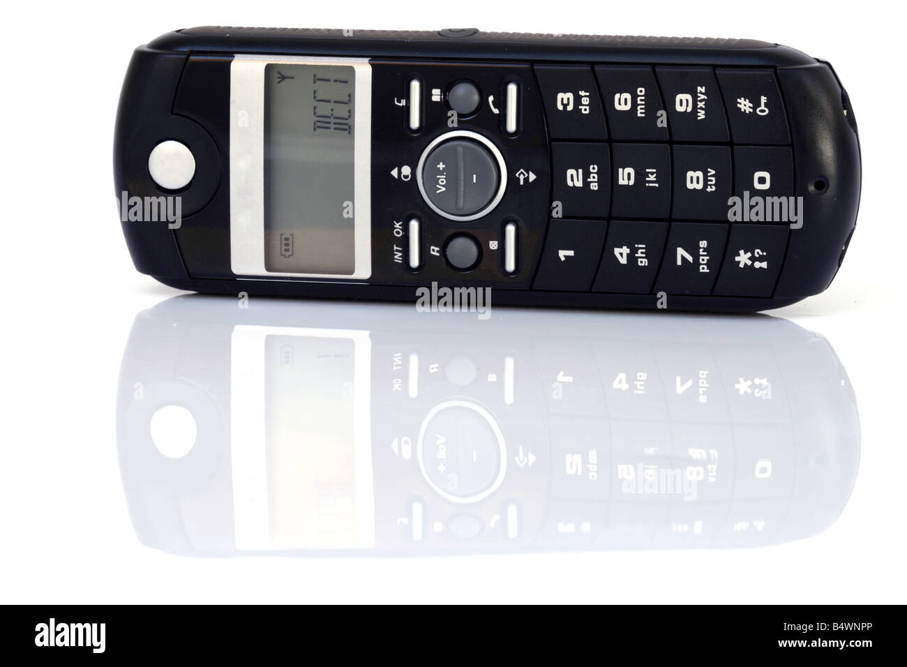 reflected black telephone device isolated on white background ...