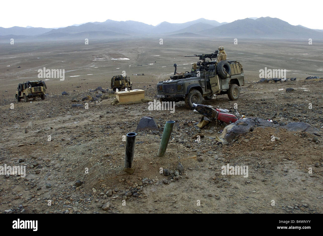 Desert Roses urinals guarded by armed Land Rovers at the fire support ...