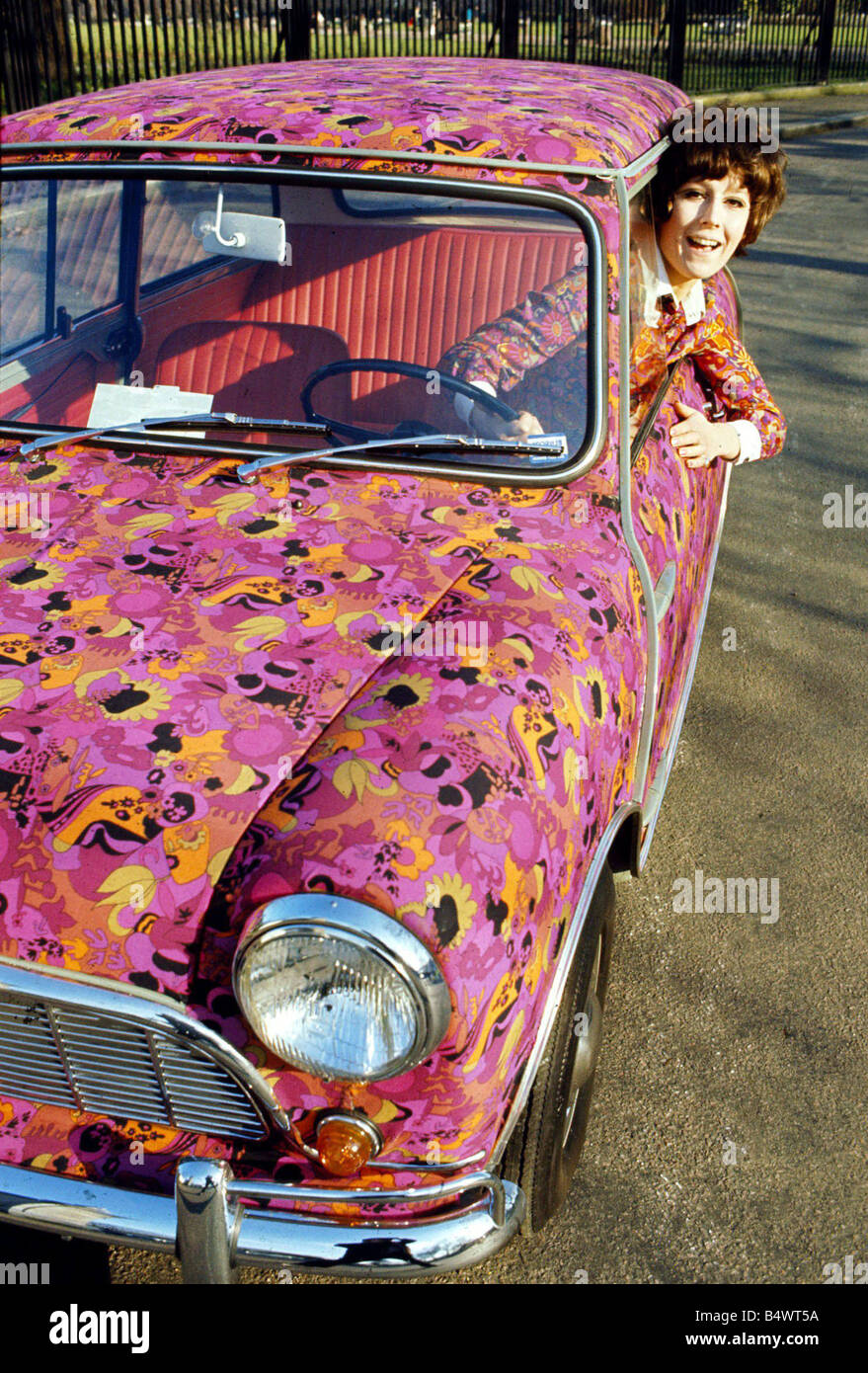 Pink and orange coloured paisley Mini February 1969 Sandra Ford driving ...
