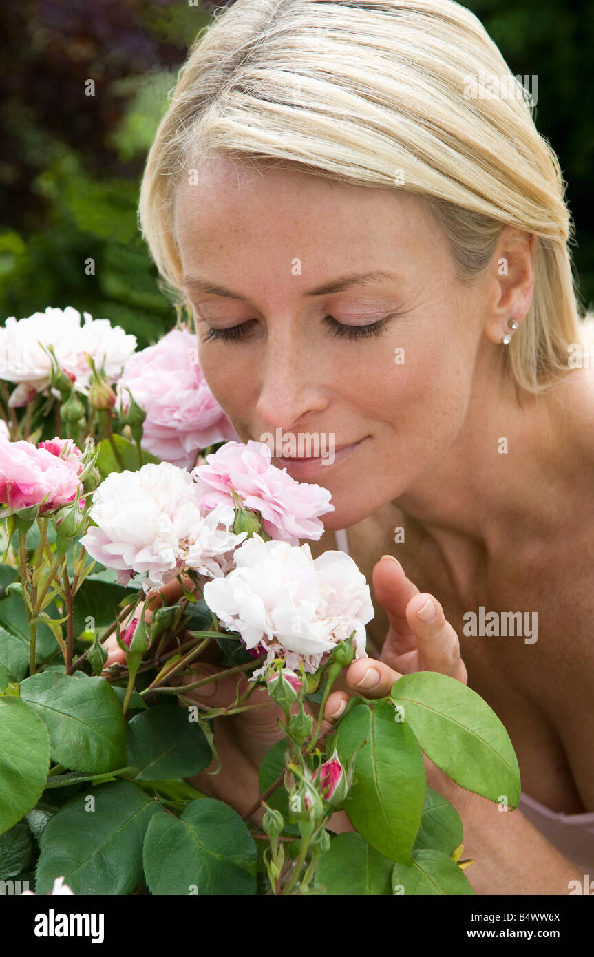 Woman smelling roses Stock Photo - Alamy