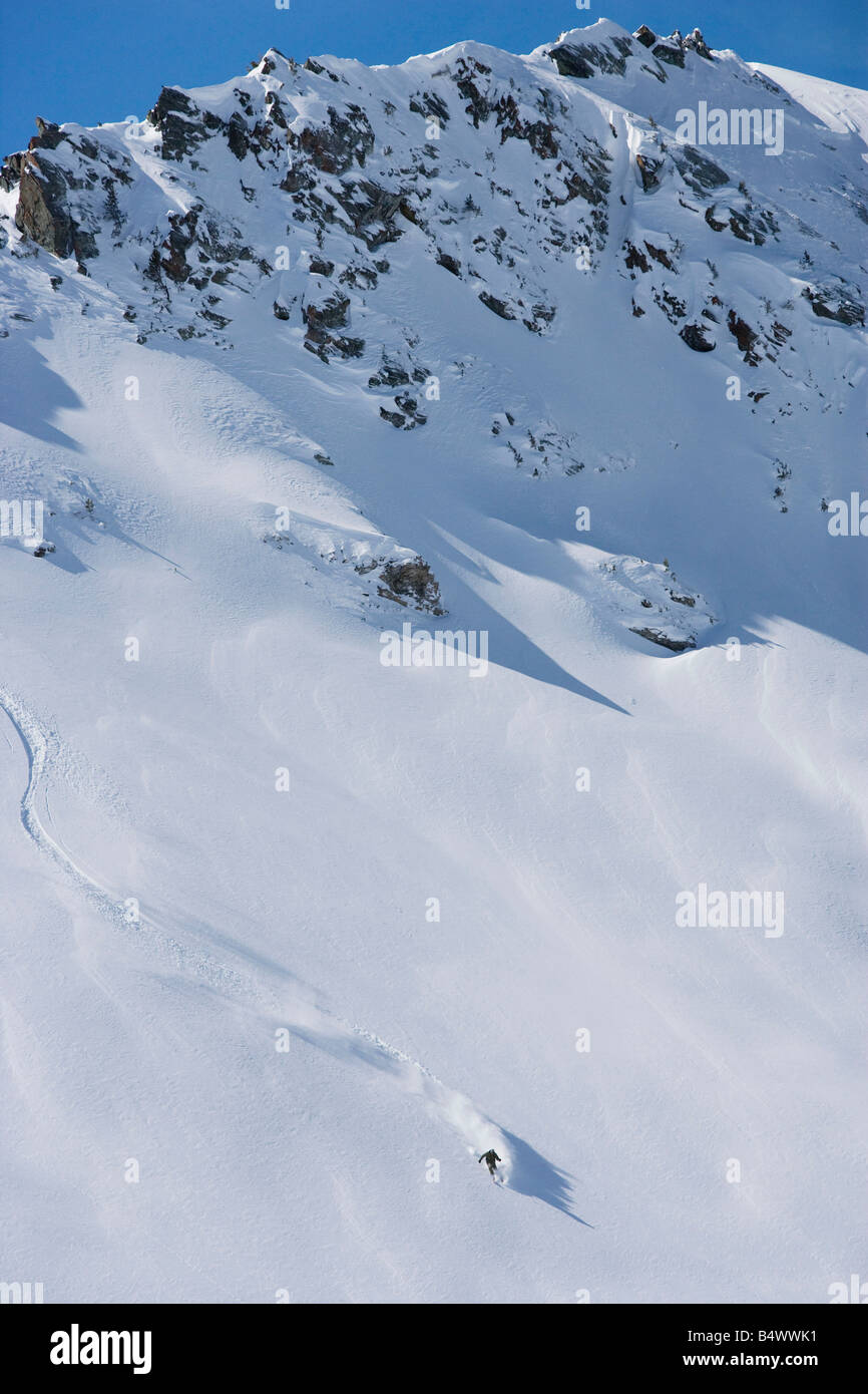 Skier carving through powder snow Stock Photo - Alamy