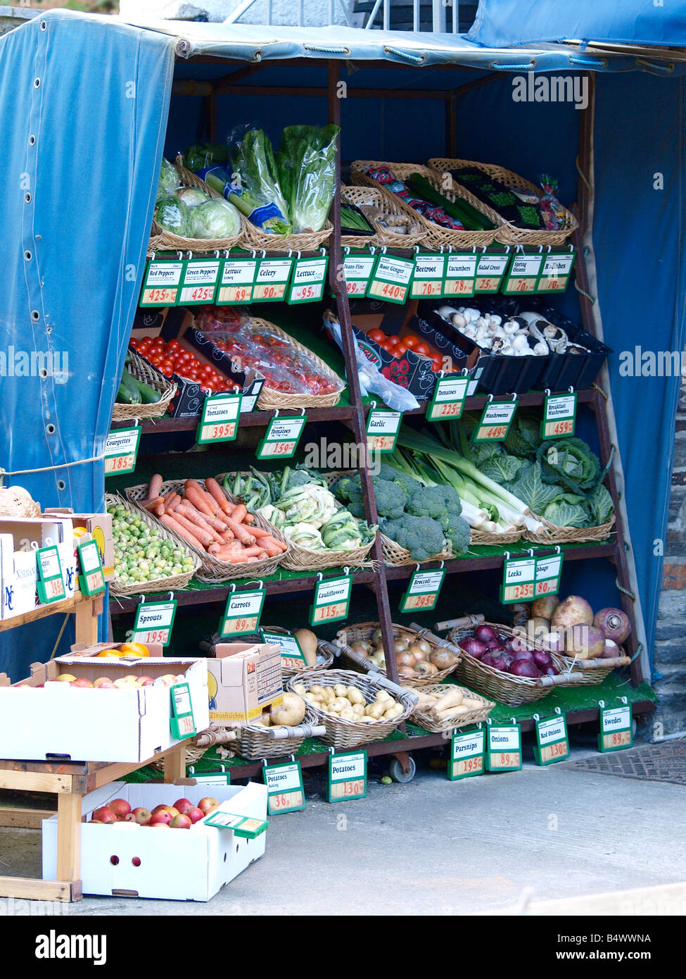 Fruit and vegetables on display outside a green grocers in Stock Photo ...