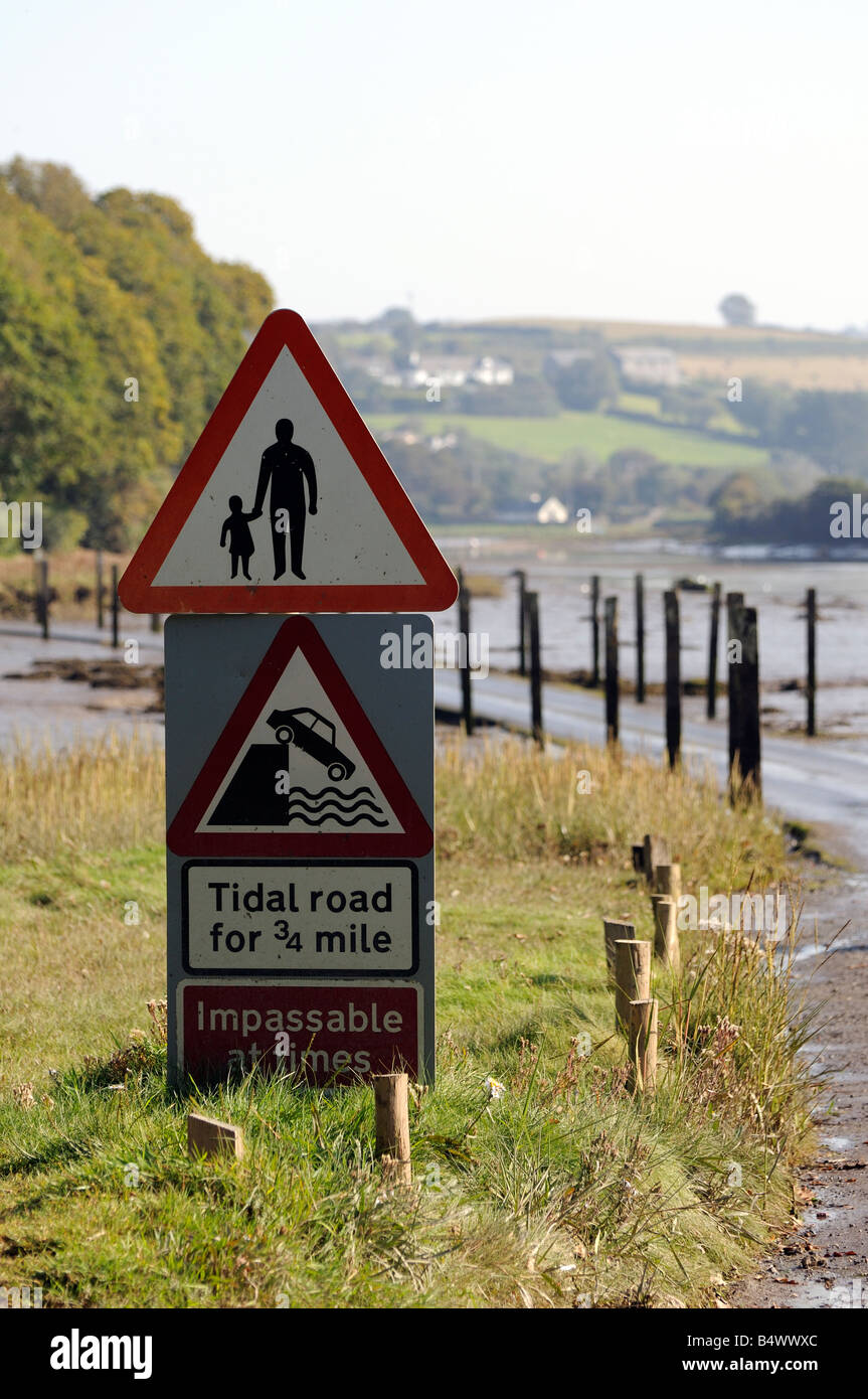 Tidal road signs on River Avon at Aveton Gifford Devon England Stock ...