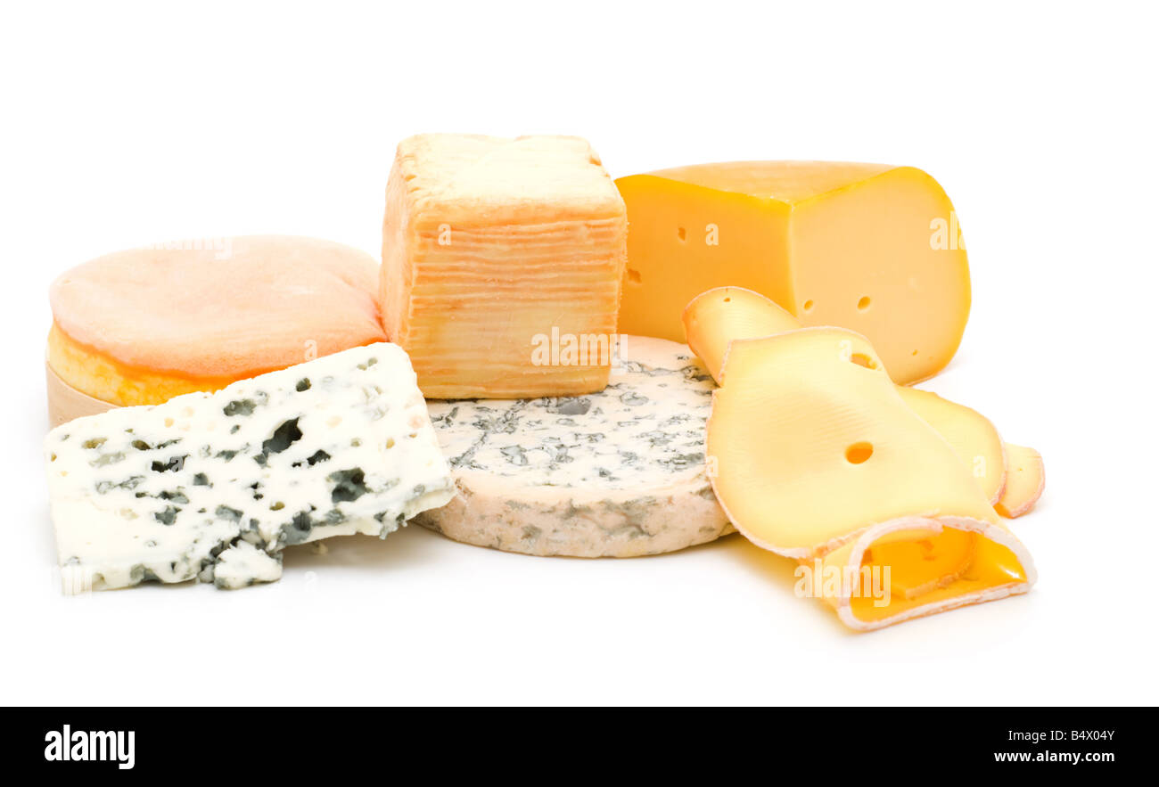 Collection of cheeses on white background Stock Photo - Alamy