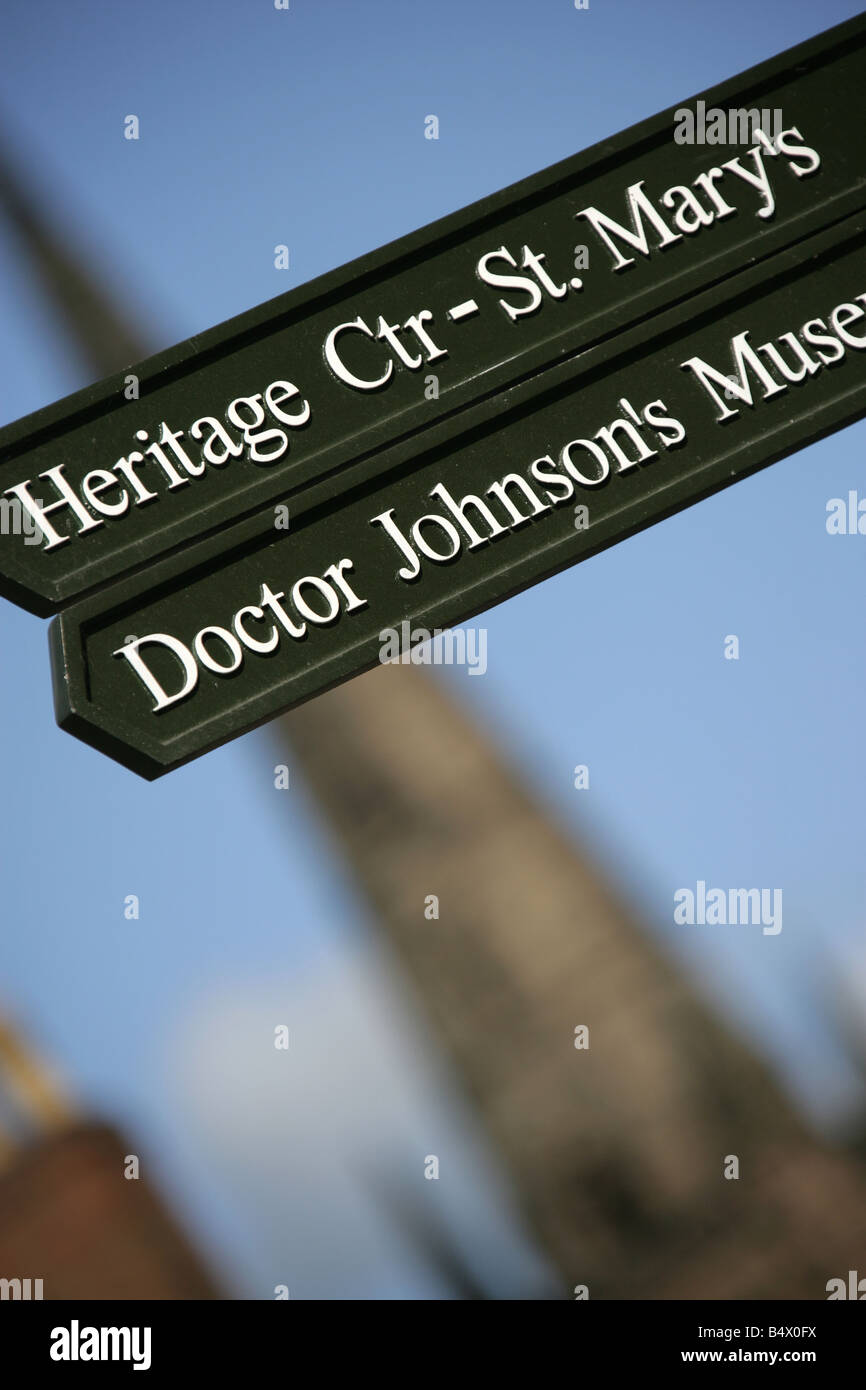 City of Lichfield, England. Angled view of a visitor direction sign ...