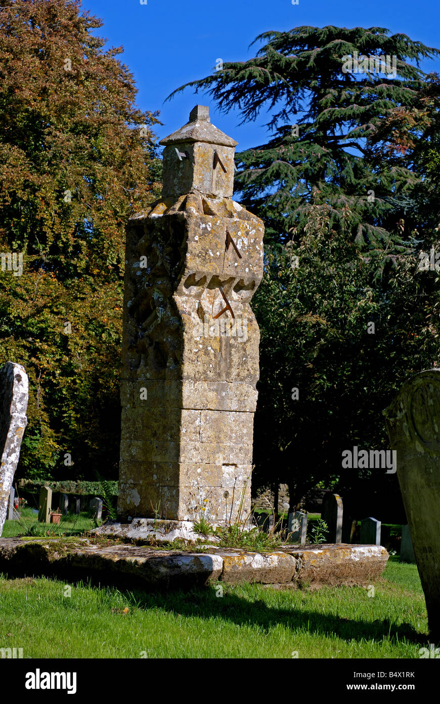 Old sundial, St. Mary`s churchyard, Elmley Castle, Worcestershire, UK ...