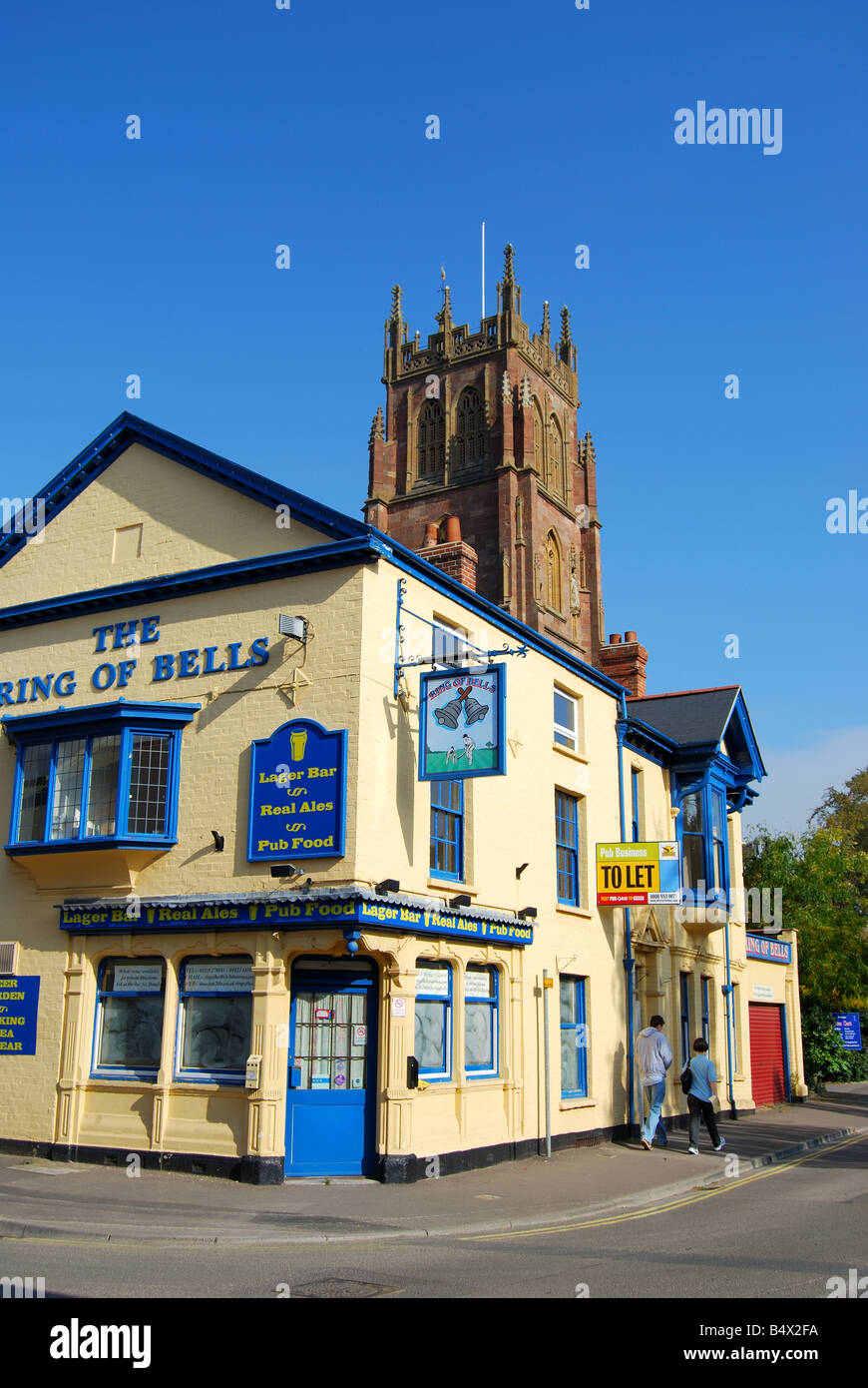 Ring of Bells pub and St.James Church tower, St James Street, Taunton ...