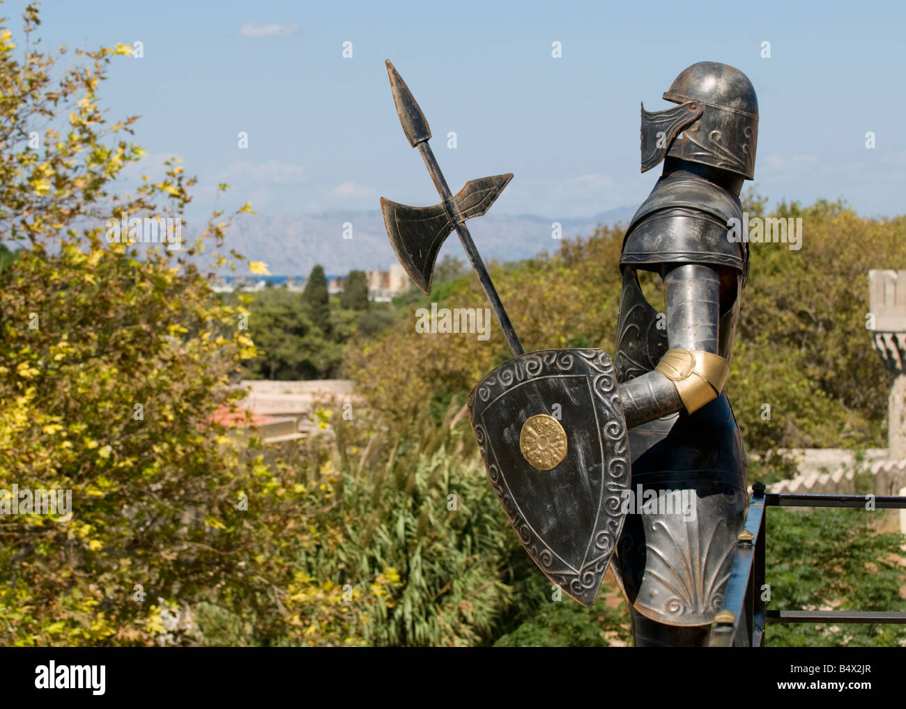 Suit of armour at Clock Tower, Rhodes Old Town, Greece Stock Photo - Alamy
