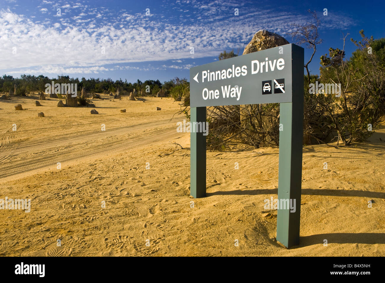 A signpost in the Pinnacles Desert National Park in Western Australia ...