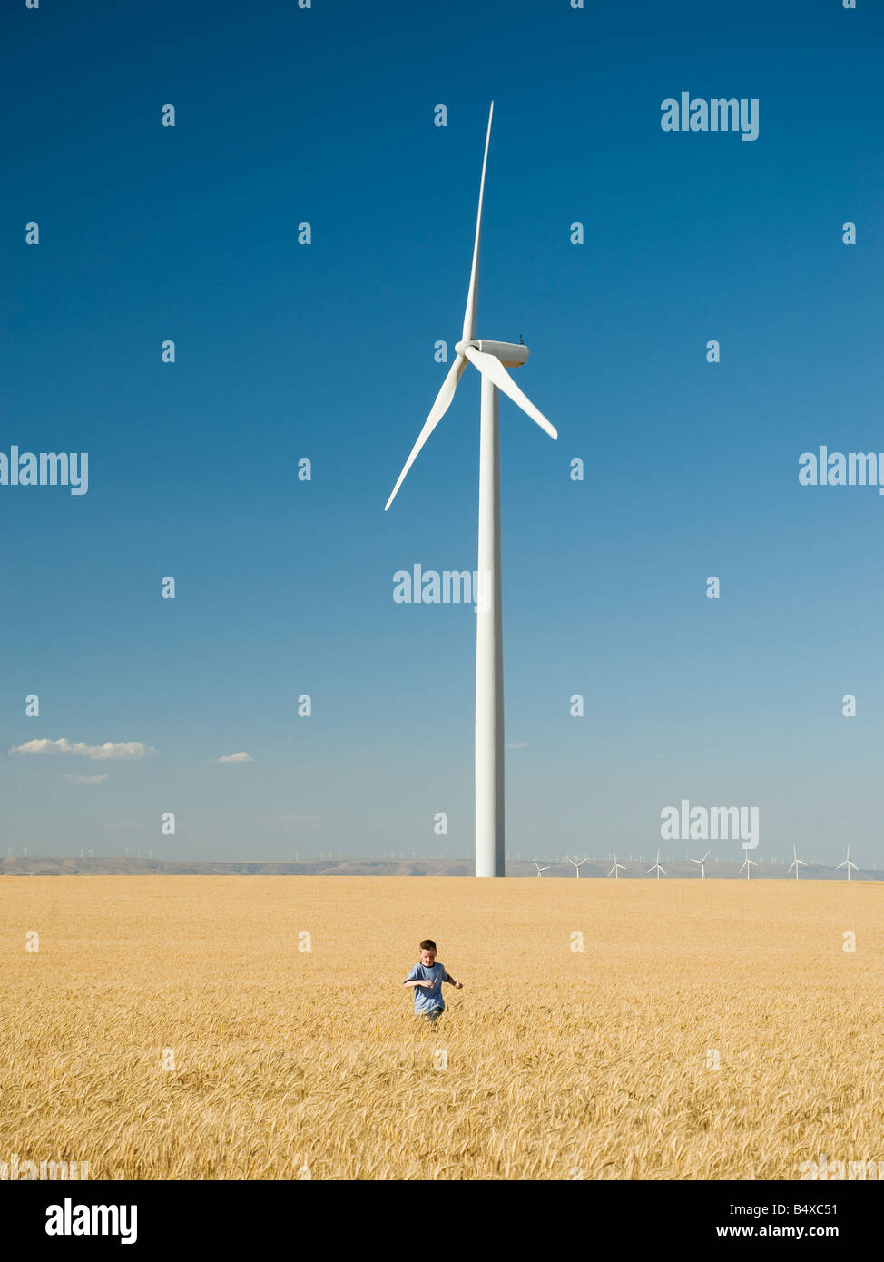Boy running through field on wind farm Stock Photo - Alamy